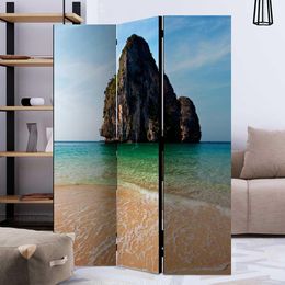 Pharao24.de Spanische Trennwand aus Leinwand und Massivholz Strand Motiv