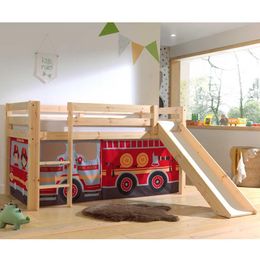 Pharao24.de Kinder Halbhochbett aus Kiefer Massivholz Vorhang Feuerwehr