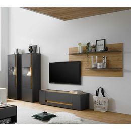 Pharao24.de Wohnzimmer Schrankwand in Anthrazit und Wildeiche Optik 240 cm breit (vierteilig)