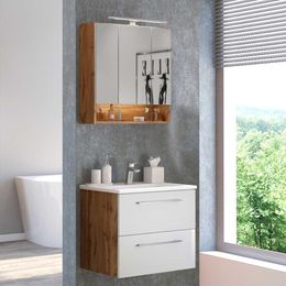 Pharao24.de Spiegelschrank und Waschtisch in Wei&szlig; und Wildeiche Optik LED Beleuchtung (zweiteilig)