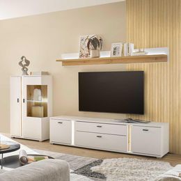 Pharao24.de Designer Wohnwand modern in Wei&szlig; Wildeichefarben (dreiteilig)