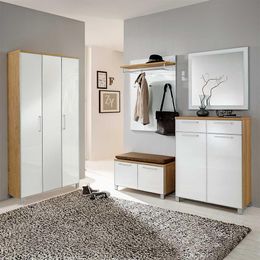 Pharao24.de Garderobenset in Wei&szlig; Glas beschichtet Eiche furniert modern (f&uuml;nfteilig)