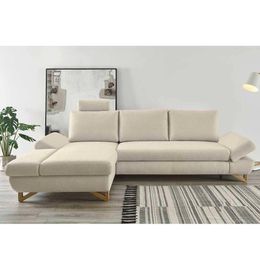Pharao24.de Cremefarbenes Ecksofa aus Velours und Buche Massivholz Skandi Design