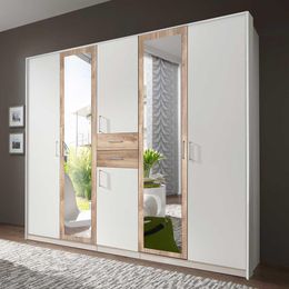 Pharao24.de Kleiderschrank mit Spiegelt&uuml;ren und zwei Schubladen Plankeneiche NB und Wei&szlig;