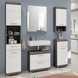 Pharao24.de Badm&ouml;bel Set modern Rauchgrau Holzoptik Hochglanz weiss (f&uuml;nfteilig)