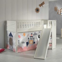 Pharao24.de Hohes Kinderzimmerbett aus Kiefer Massivholz M&auml;rchen Motiv Vorhang