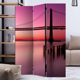 Pharao24.de Paravant Leinwand in Pink und Violett Abendstimmung mit Br&uuml;cke