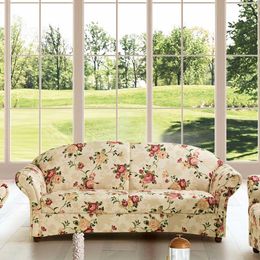 Pharao24.de Dreisitzer Couch gebl&uuml;mt mit Rosen Motiv in Creme bunt Flachgewebe aus Webstoff in Cremewei&szlig; 202x83x81 cm Pharao24