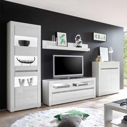 Pharao24.de Hochglanz Wohnwand in Wei&szlig; und Beton Grau modern (vierteilig)