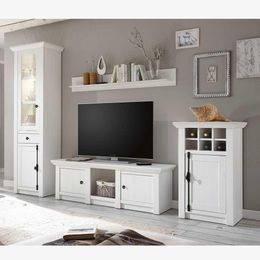 Pharao24.de Design Wohnwand im Landhaus Look Pinie Wei&szlig; (vierteilig)