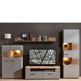 Pharao24.de Moderne Wohnwand in Grau und Eiche Optik LED Beleuchtung (vierteilig)