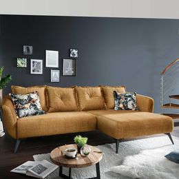 Pharao24.de L Sofa mit Kissen in Ockergelb und Schwarz Microvelours und Metall