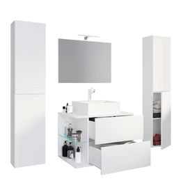 Pharao24.de Wei&szlig;e Badm&ouml;bel mit Beleuchtung f&uuml;r die Wandmontage 139 cm breit (vierteilig)