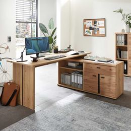 Pharao24.de Eckb&uuml;rotisch in Wildeiche und Eschefarben Seitenregalen aus Front aus Massivholz, Korpus aus Spanplatte 160x77x154 cm Pharao24