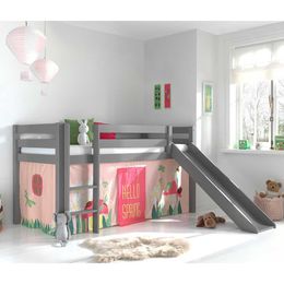 Pharao24.de Hochbett mit Rutsche und Spielvorhang Grau Rosa
