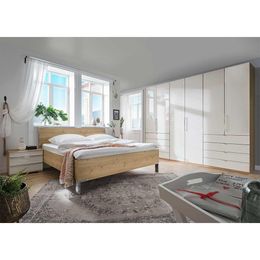 Pharao24.de Schlafzimmer Set in Eiche Bianco und Beige mit Glas beschichtet (vierteilig)