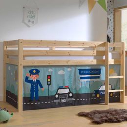 Pharao24.de Hochbett Kind aus Kiefer Massivholz lackiert Vorhang Set Polizei Motiv