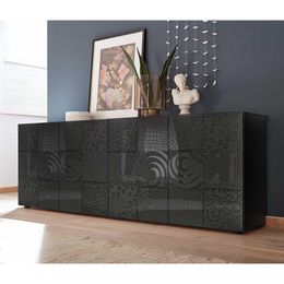 Pharao24.de Design Sideboard in Hochglanz Anthrazit Siebdruck verziert aus Spanplatte 241x84x42 cm Pharao24