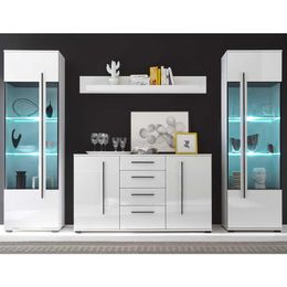 Pharao24.de Esszimmer Wohnwand in Wei&szlig; Hochglanz modern (vierteilig) aus Front aus MDF, Korpus aus Spanplatte Pharao24