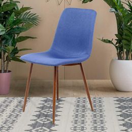 Pharao24.de Esstisch St&uuml;hle in Blau Webstoff Metallgestell in Holzfarbe (2er Set)