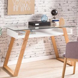 Pharao24.de Designschreibtisch in Wei&szlig; und Eiche Massivholz Glasplatte