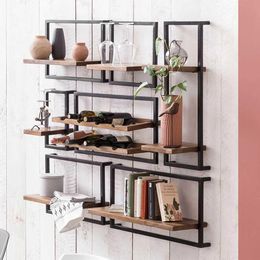 Pharao24.de Wandregal Set aus Mangobaum Massivholz und Metall Loft Design (siebenteilig)
