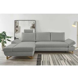 Pharao24.de Hellgraues Ecksofa aus Velours und Buche Massivholz Skandi Design