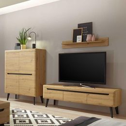 Pharao24.de Design Wohnwand in Wildeichefarben Schwarz (dreiteilig)