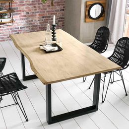 Pharao24.de Baumkanten Esszimmertisch aus Akazie massiv gek&auml;lkt und Stahl Loft Design