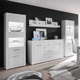 Pharao24.de Anbauwand in Wei&szlig; Hochglanz und Beton Grau Sideboard (vierteilig)