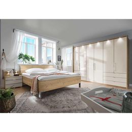 Pharao24.de XL Schlafzimmer Set in Beige und Eiche Bianco glasbeschichtet (vierteilig)