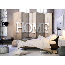 Pharao24.de Schlafzimmer Paravent mit Home Aufschrift auf Holzwand Optik 225 cm breit
