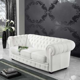 Pharao24.de Dreier Sofa weiss im Chesterfield Look Kunstleder