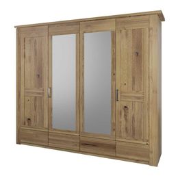 Pharao24.de Kleiderschrank Massivholz Schrank Holz mit Dreht&uuml;ren und Spiegel T&uuml;ren