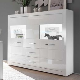 Pharao24.de Wohnzimmer Highboard in Hochglanz Wei&szlig; und Glas 150 cm breit aus MDF 149x142x42 cm Pharao24