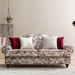 Pharao24.de Dreisitzer Couch gebl&uuml;mt im Vintage Look Fu&szlig;gestell aus Holz