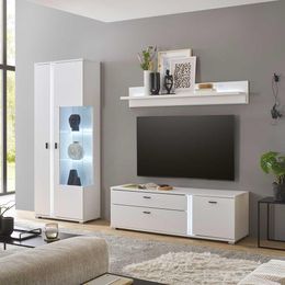 Pharao24.de Wei&szlig;e Wohnzimmer Anbauwand in modernem Design LED Beleuchtung (dreiteilig)