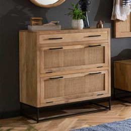 Pharao24.de Schuhklappenschrank mit Schublade Rattan und Massivholz Mangobaum