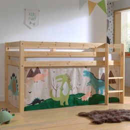 Pharao24.de Massivholz Hochbett aus Kiefer Dinosaurier Vorhang Set