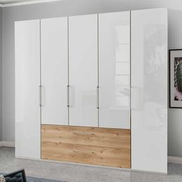 Pharao24.de Hoher Kleiderschrank in Wei&szlig; glasbeschichtet Eiche Bianco
