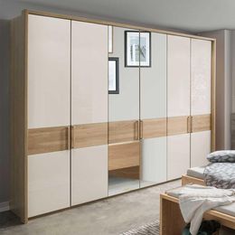Pharao24.de Schlafzimmerkleiderschrank in Beige Glas beschichtet Eiche Massivholz
