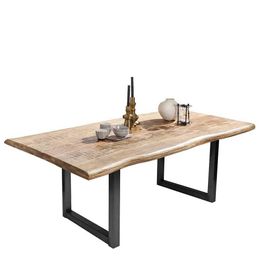 Pharao24.de Factory Style Tisch mit Baumkante Tischplatte B&uuml;gelgestell schwarz