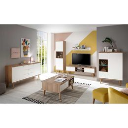 Pharao24.de Wohnzimmerwand im Skandi Design Wei&szlig; und Eiche (sechsteilig)