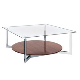 Pharao24.de Glas Wohnzimmertisch mit runder Ablage in Nussbaumfarben 100 cm breit