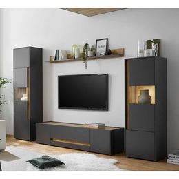 Pharao24.de Design Wohnwand in Anthrazit und Wildeiche Optik 270 cm breit (vierteilig)