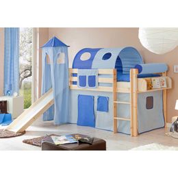 Pharao24.de Halbhohes Bett aus Kiefer Massivholz Rutsche und Turm in Blau