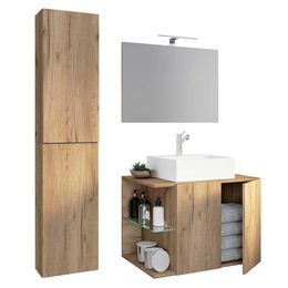 Pharao24.de Badezimmerm&ouml;bel Holzoptik modern f&uuml;r die Wandmontage LED Beleuchtung (dreiteilig)