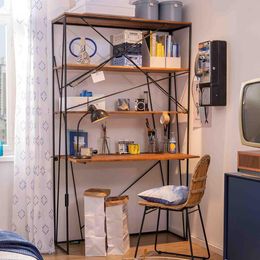 Pharao24.de Designschreibtisch aus Mangobaum Massivholz und Stahl integriertem Regal