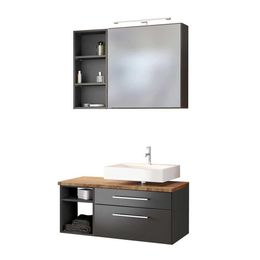 Pharao24.de Wand Badm&ouml;bel mit LED Beleuchtung dunkel Grau und Wildeiche Dekor (dreiteilig)