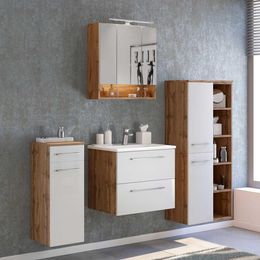 Pharao24.de Design Badezimmer Set in Wei&szlig; und Wildeiche Optik LED Beleuchtung (f&uuml;nfteilig)